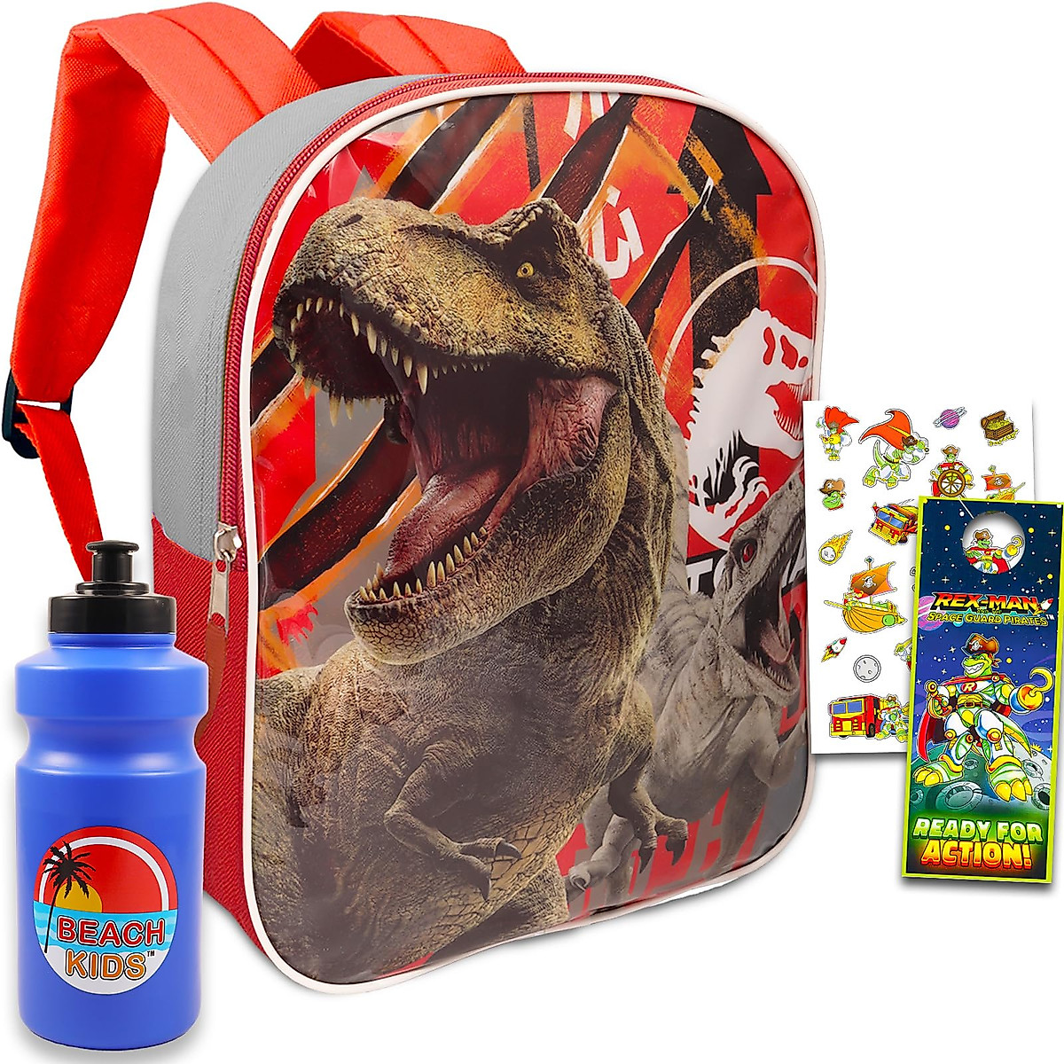 Fast Forward Jurassic World Backpack for Boys, Kids - 5 Pc Bundle with 16" Jurassic World School Backpack Bag, Water Bottle, Stickers, Backpack Clip, and More (Jurassic Park School Supplies)