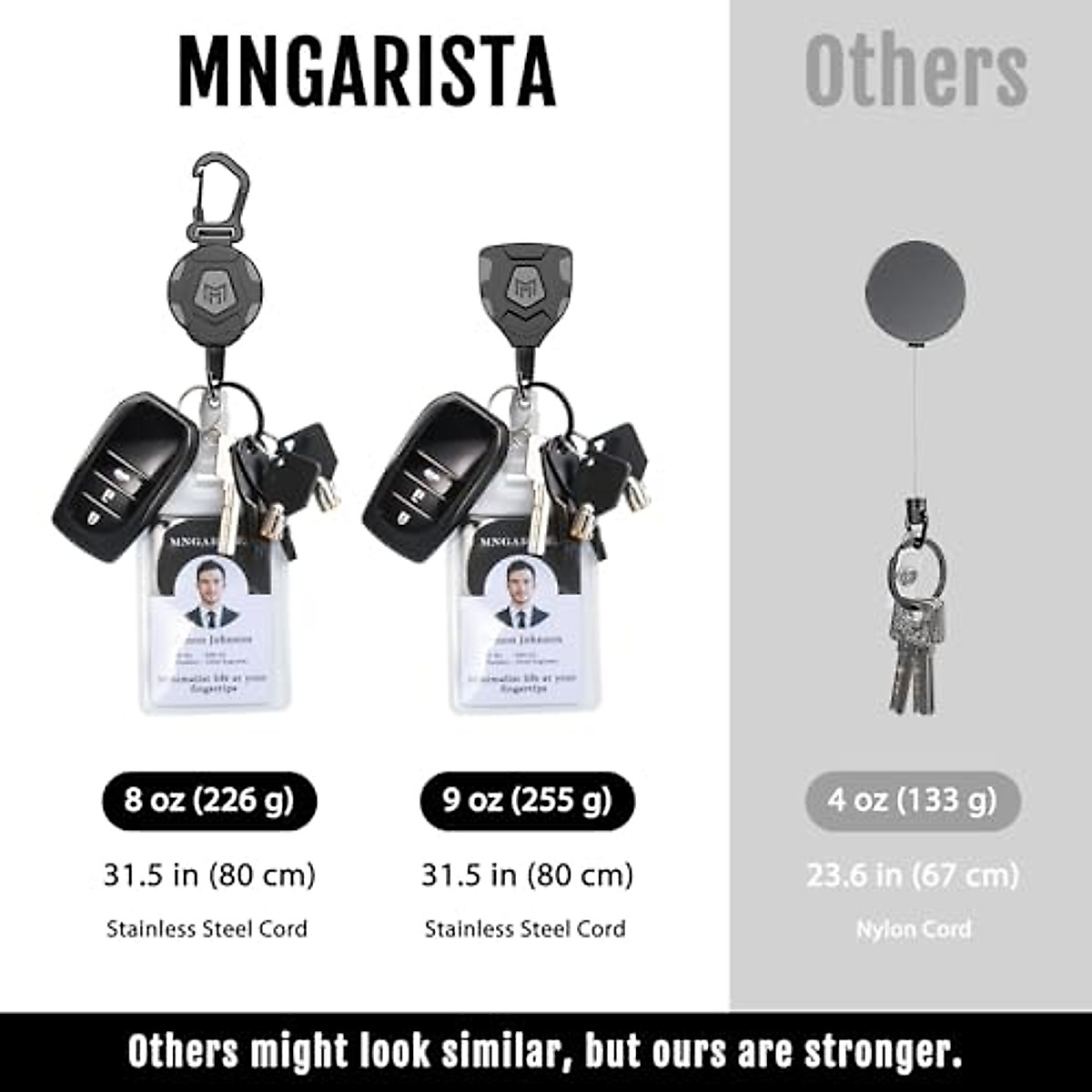 MNGARISTA Heavy Duty Retractable Keychain, Belt Clip Ver. & Carabiner Ver., 8 oz Retraction, 31.5" Steel Rope, Tactical ID Badge Reel with Key Chain Retractor, 2-Pack