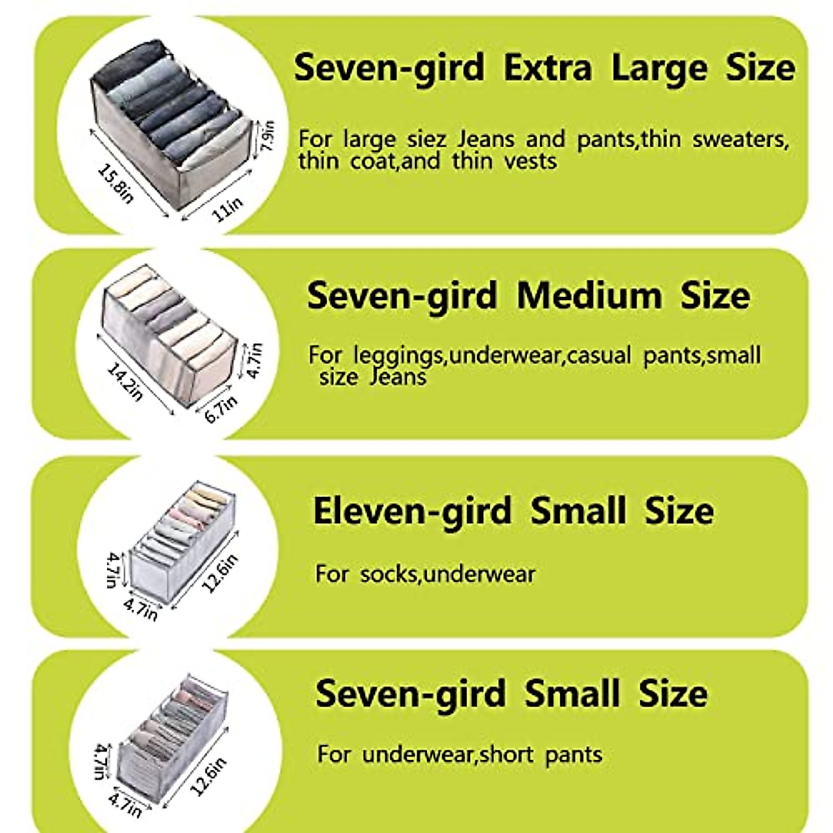 6 Pcs Extra large Drawer Organizers For Clothing,7 Gird Washable Wardrobe Clothes Organizer For Mesh Foldable Closet Dividers Nylon Fabric Storage Box for jeans,underwears,Leggings,pants,socks(Gray)