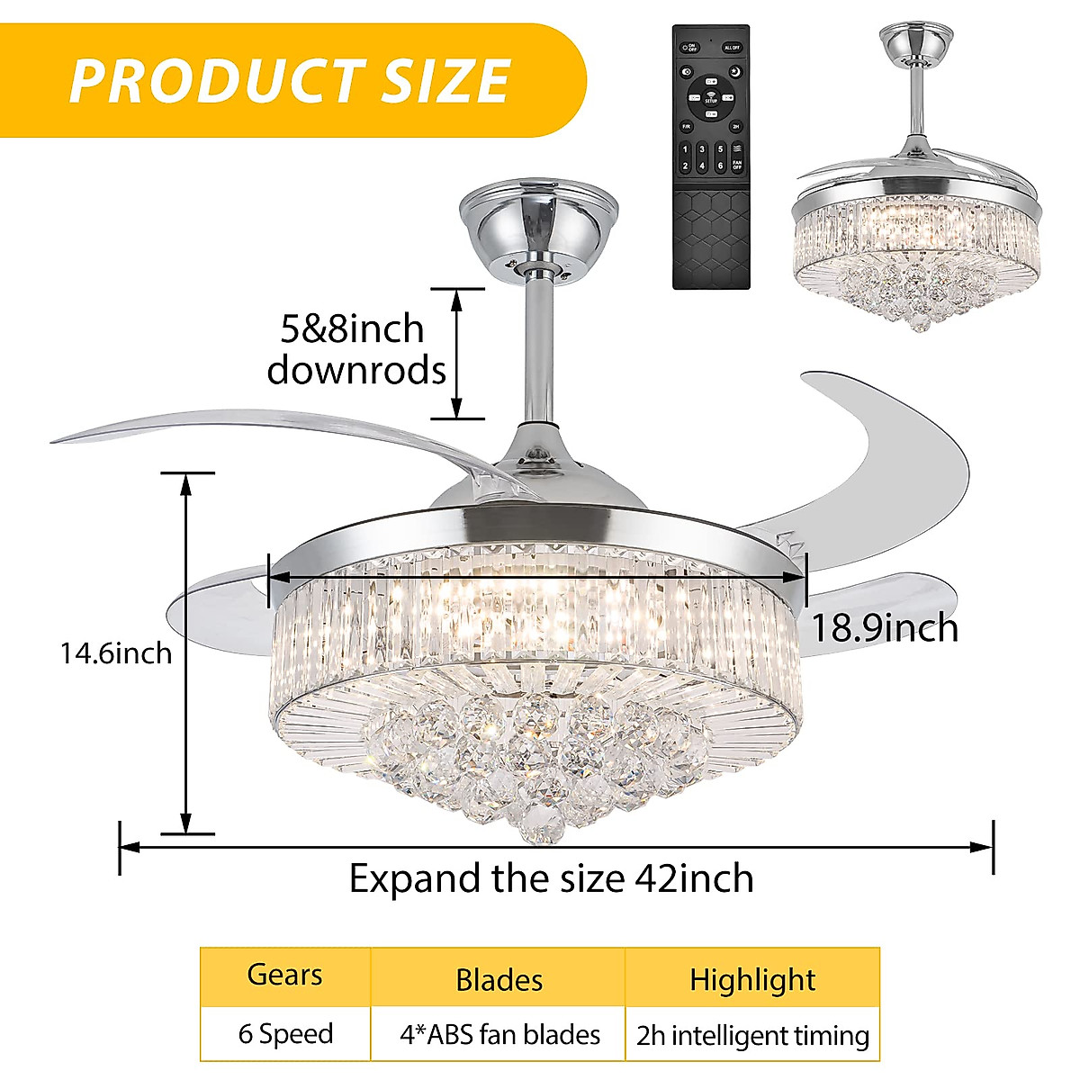 Panghuhu88 42" Invisible Ceiling Fan Chandelier Light,Modern Crystal Ceiling Fan Light Remote Control 4 Retractable ABS Blades for Bedroom Living Room Dining Room Decoration