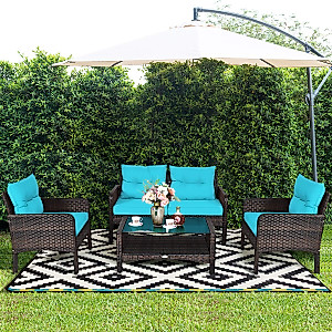 Tangkula 4 Piece Patio Furniture Set, Outdoor Wicker Conversation Set with Glass Top Coffee Table, All Weather Proof and Thick Cushions, Suitable for Porch, Garden, Poolside and Lawn (Turquoise)