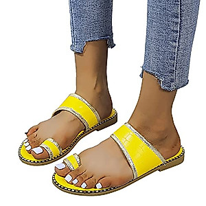 Women's Slip Toe Flat Slippers Large Casual Beach Sandals Fuzzy Slippers for Women with Strap (Yellow, 6.5)