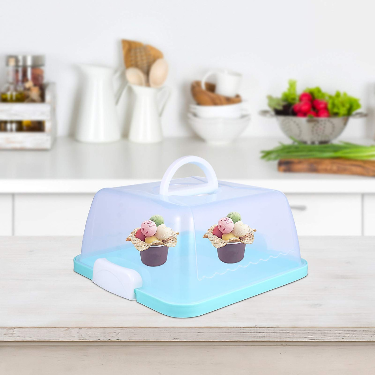 ABOOFAN Cake Carrier Square Cake Server with Lid and Handle Portable Loaf Cake Container Food Storage Keeper Dome for Birthday Wedding Cake Holder Blue