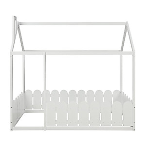 Harper & Bright Designs Kids House Beds, Twin Floor Bed with Fence Wood Cabin Bed Frame Can be Decorated for Kids, Teens, Girls, Boys, White