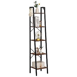 Hzuaneri Ladder Shelf, Bookshelf Bookcase, Freestanding Corner Storage Shelve with 2 Hooks for Home Office, Living Room, Kitchen, Bedroom, Industrial, 5-Tier Rustic Brown BC03201B