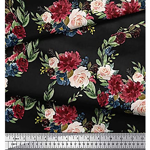 Soimoi Black Cotton Canvas Fabric Ranunculus & Penoy Floral Print Printed Craft Fabric by The Yard 44 Inch Wide