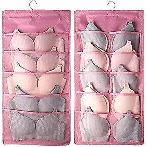 Storage Hanging Bag, Dual-Sided Hanging Bra Storage Organizer with Metal Hanger, Dual-Sided Hanging Storage Organiser for Underwear, Panties,Stocking,Bra and Sock (Expand 5+10 Pockets, Pink)