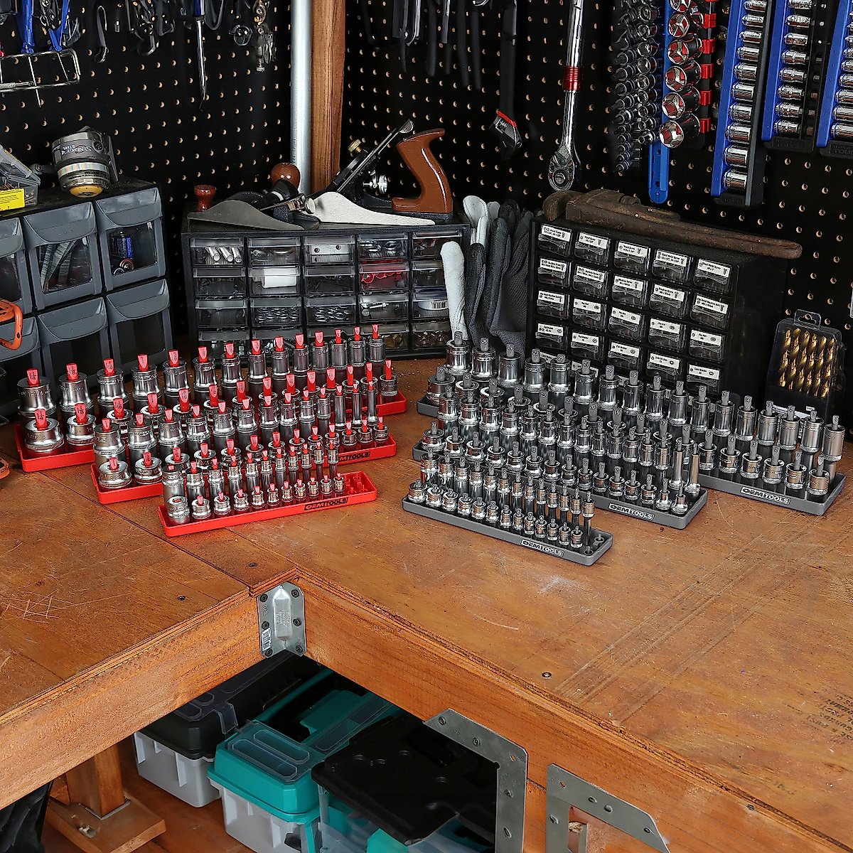 OEMTOOLS 22413 6 Piece SAE and Metric Socket Tray Set, SAE and Metric Socket Storage for Sizes 1/4", 3/8”, and 1/2" Drive, Socket Holders and Socket Organizer Tray for Toolbox, Red/Grey