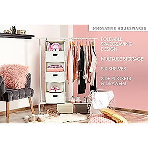 Closet Organizer Hanging Shelves, 6 Shelf Closet Storage with 5 Storage Drawers & Purpose Made Pockets, Jewelry Shoe Organizer Drawer Organizers, Perfect for Organization and Storage (Light Grey)