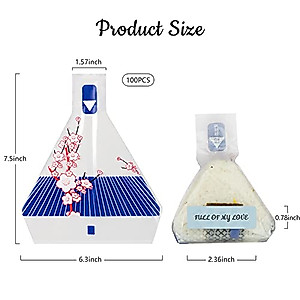 BRATA Triangle Onigiri Wrappers Plastic Rice Balls Bags, 100PCS Japanese Easy Tear Disposable Onigiri baggies with Stickers