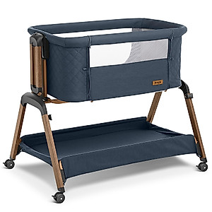 Jimglo 3 in 1 Baby Bassinet, Rocking Bassinets with Comfy Mattress and Wheels, Adjustable Height Bassinet Bedside Sleeper, Easy Folding Portable Crib for Newborn (Navy Blue)