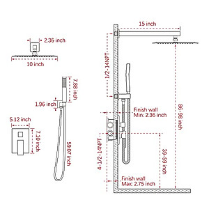 HEGII Shower System Combo Set,15 Inch Wall Mounted Shower Arm,10 inch Rainfall Shower Head System Shower Faucet Rough-in Valve Body and Trim Included,Matte Black