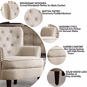 Rosevera Accent Chair and Ottoman Set - Button Tufted Armchair for Living ROM, Bedroom, Reading - Mid-Century Modern Lounge Chair Set - Beige