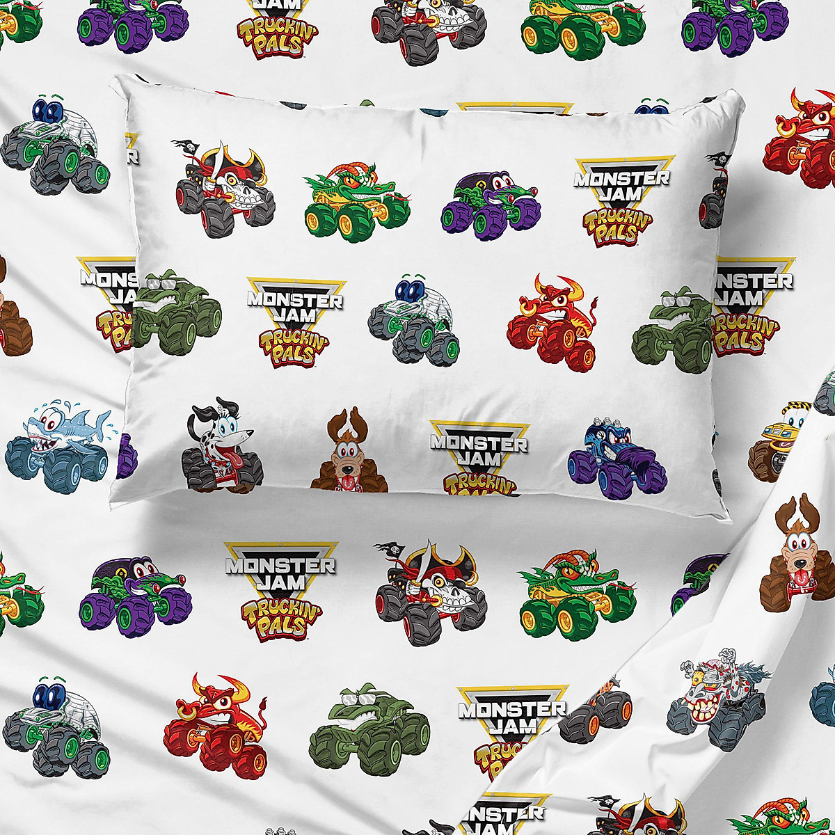 Jay Franco Monster Jam Truckin' Pals 4 Piece Toddler Bed Set - Includes Comforter & Sheet Set - Bedding Features Grave Digger & Megalodon - Super Soft Fade Resistant Microfiber