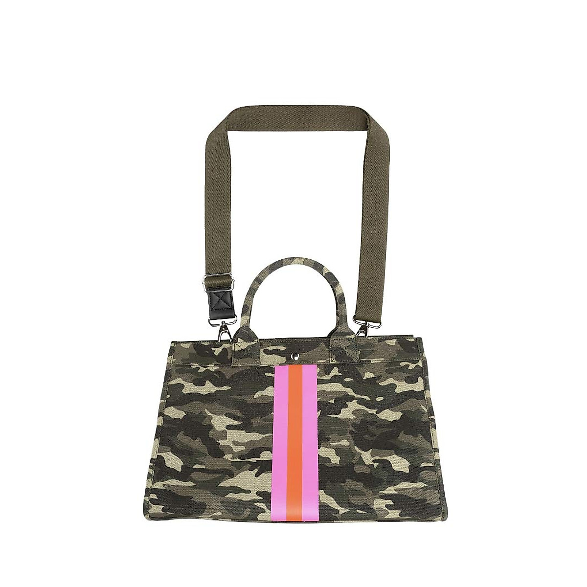Milly Kate Camouflage Tote Handbag with Stripes, Stylish, Trendy, Preppy, Fashionable, Upscale Bag, Detachable Strap, Inside Pockets, Designer Purse Exclusive to, 10” x 15”