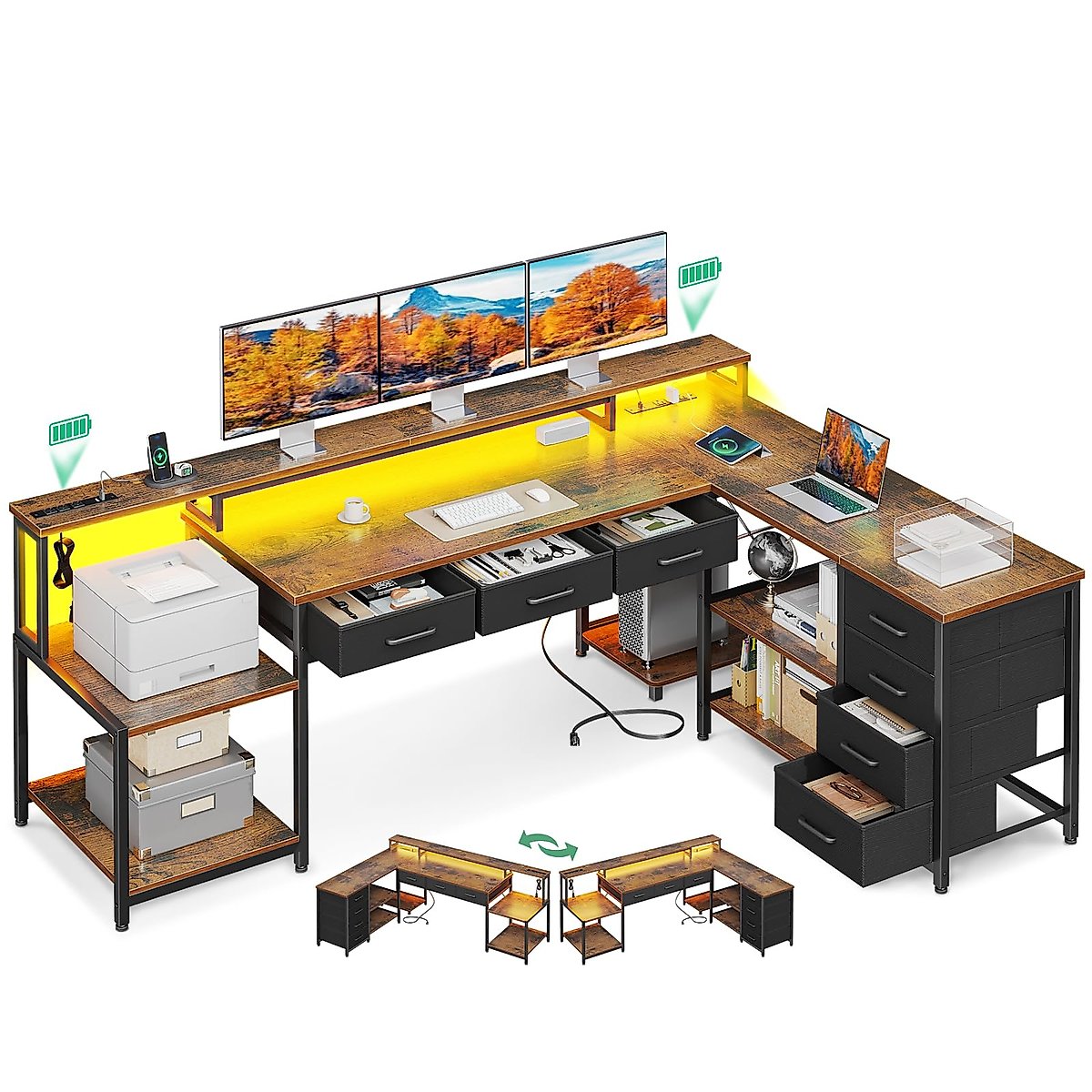 AODK 79" L Shaped Desk with 7 File Drawers, L Shaped Computer Desk with 2 Power Outlets & Monitor Shelf, Home Office Desk with Storage Shelves, Reversible Gaming Desk with LED Light, Vintage