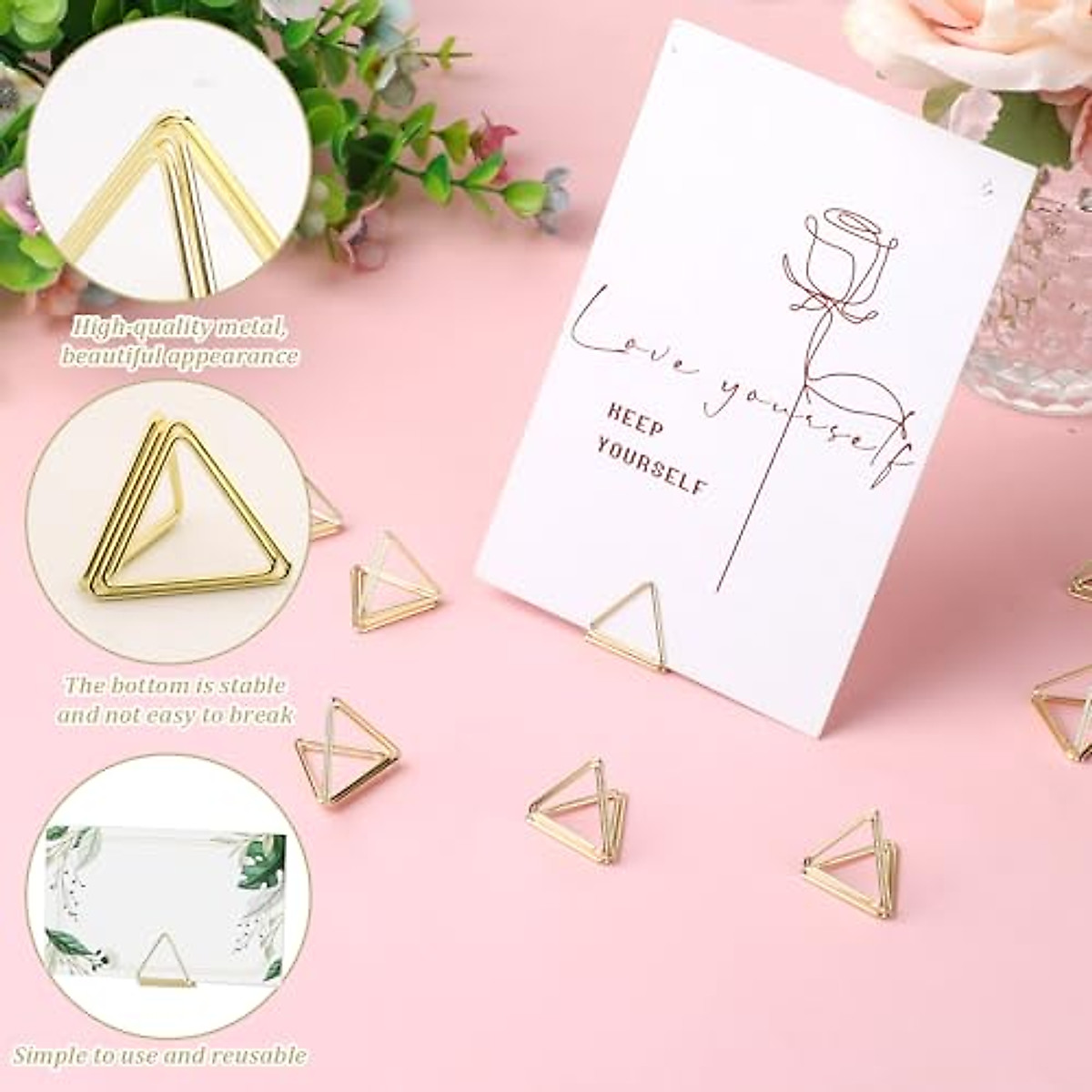 KALIONE 60 Pieces Triangle Place Card Holders Gold Table Number Holders Mini Table Picture Holders Name Place Card Photo Stand Holder Clips for Office Restaurant Wedding Anniversary Party