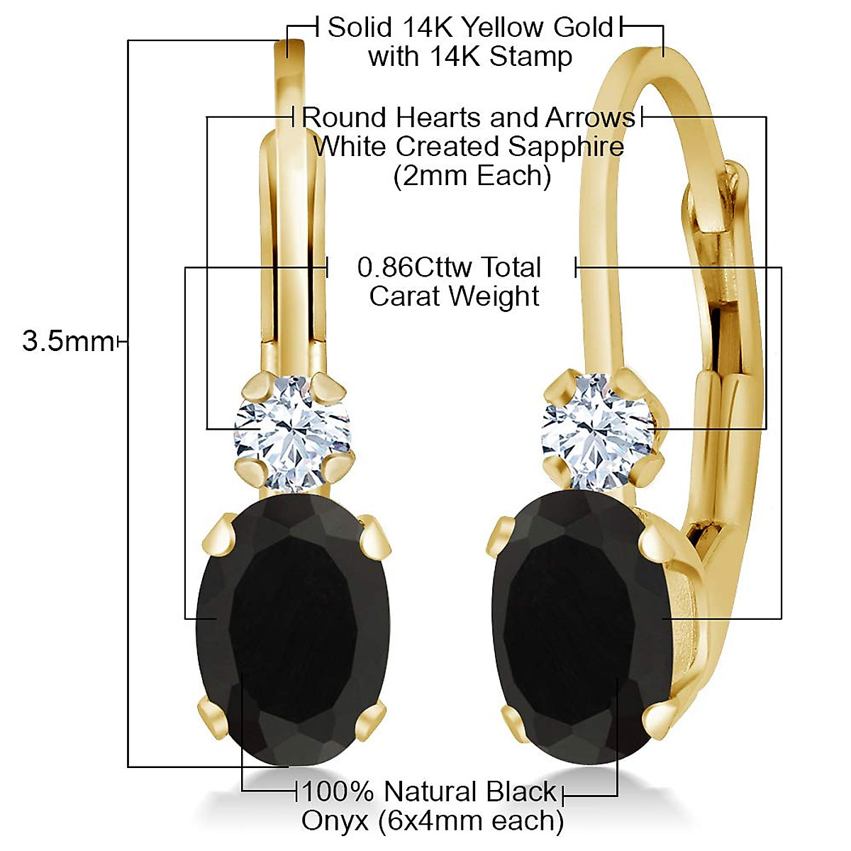 Gem Stone King 14K Yellow Gold Black Onyx and White Created Sapphire Leverback Earrings For Women | 0.86 Cttw | Gemstone December Birthstone | Oval 6X4MM, Round 2MM | 3/4 Inch