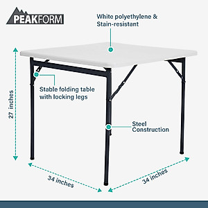 Peakform Multipurpose Banquet Squared Table Lightweight Folding Durable Desk with Secure Base for Indoor and Outdoor Events, 34 Inch, White