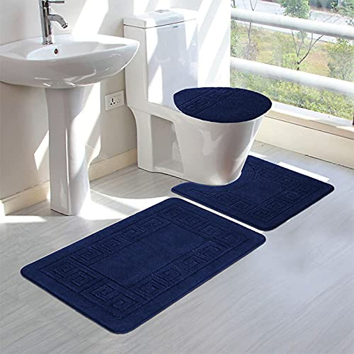 Pauwer Bathroom Rugs Sets 3 Piece with Toilet Cover, Bath Mats for Bathroom Non Slip, U-Shaped Contour Toilet Mat, Absorbent Bath Mat Set, Machine Washable Bath Rugs for Bathroom Floor, Navy