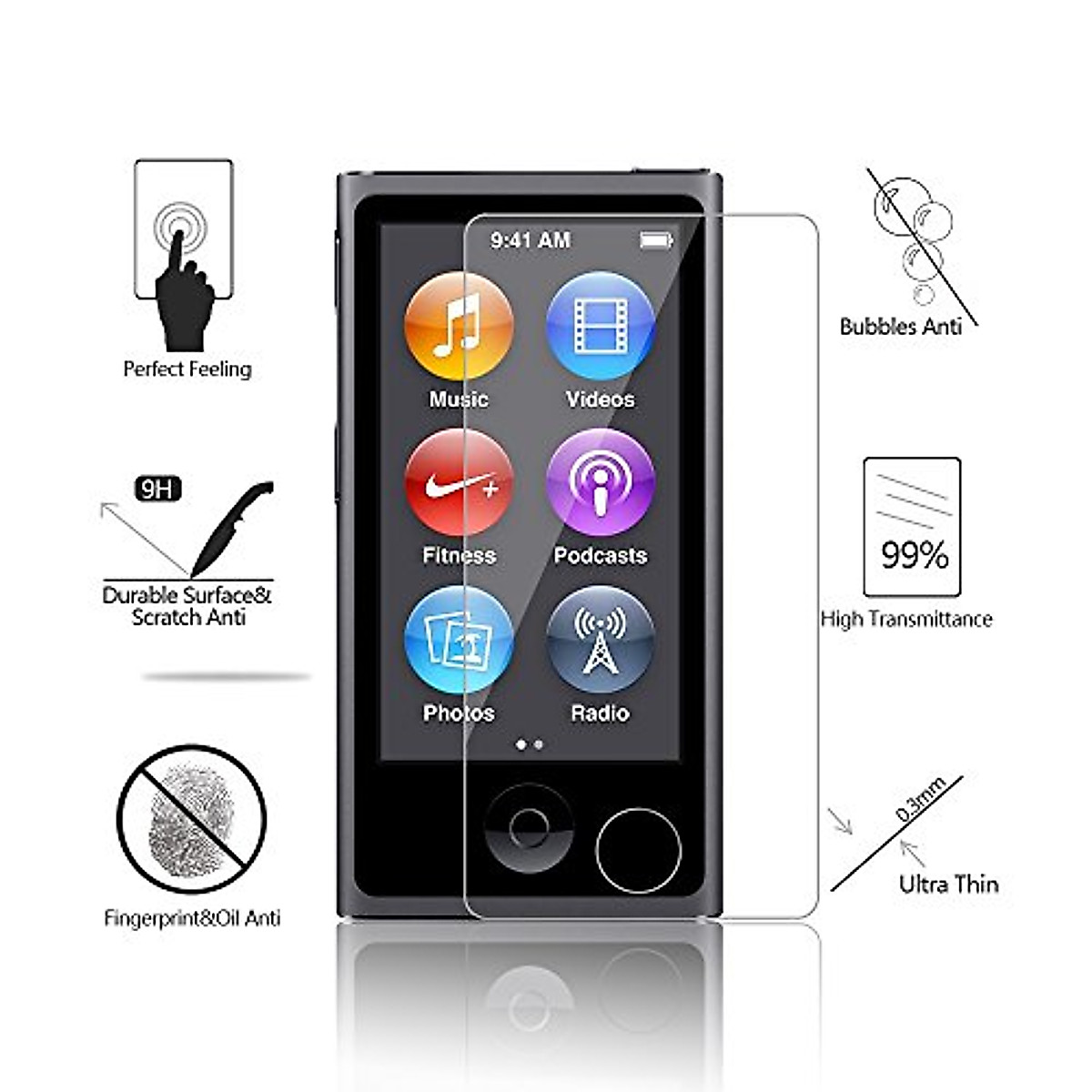 AKWOX (Pack of 2) Screen Protector for iPod Nano 7 8th 0.33mm High Definition Clear Tempered Glass Screen Protector Guard Film for iPod Nano 8th/7 Generation,Shockproof and Scratch-Resistant