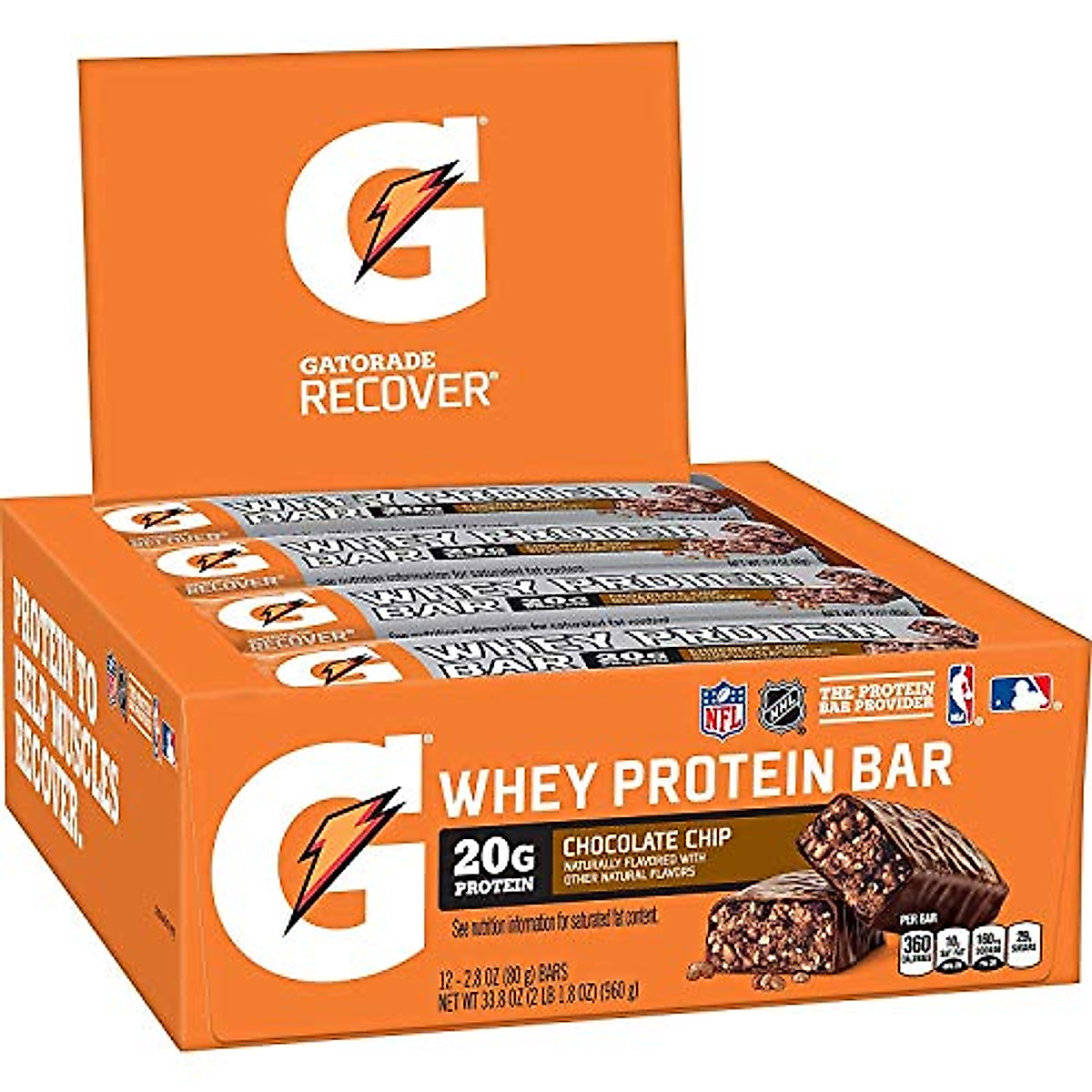 Gatorade Whey Protein Recover Bar, Chocolate Chip, 2.8 Ounce Bars (12 Count)