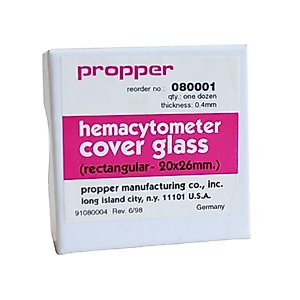 Propper Manufacturing 08000100 Hemocytometer Cover Glass, Rect. 20 mm x 26 mm, 0.4 mm (Pack of 12)
