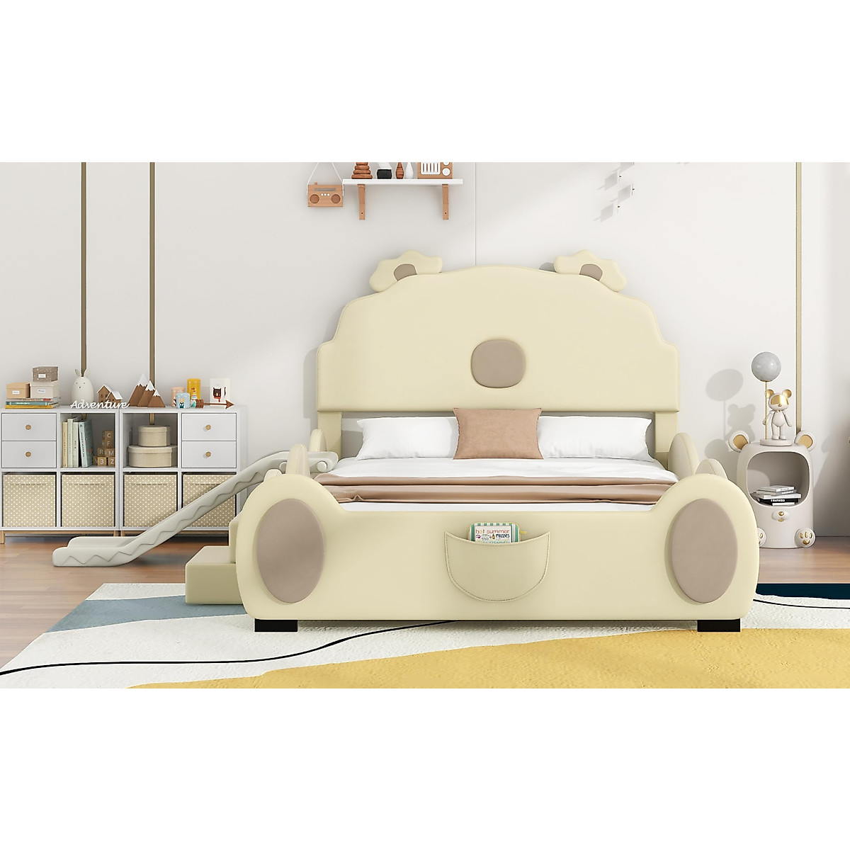 Harper & Bright Designs Full Size upholstered Platform Bed Frame for Boys Girls Kids Adults Toddler with Piglet Shape headboard and Children's Slide, Beige