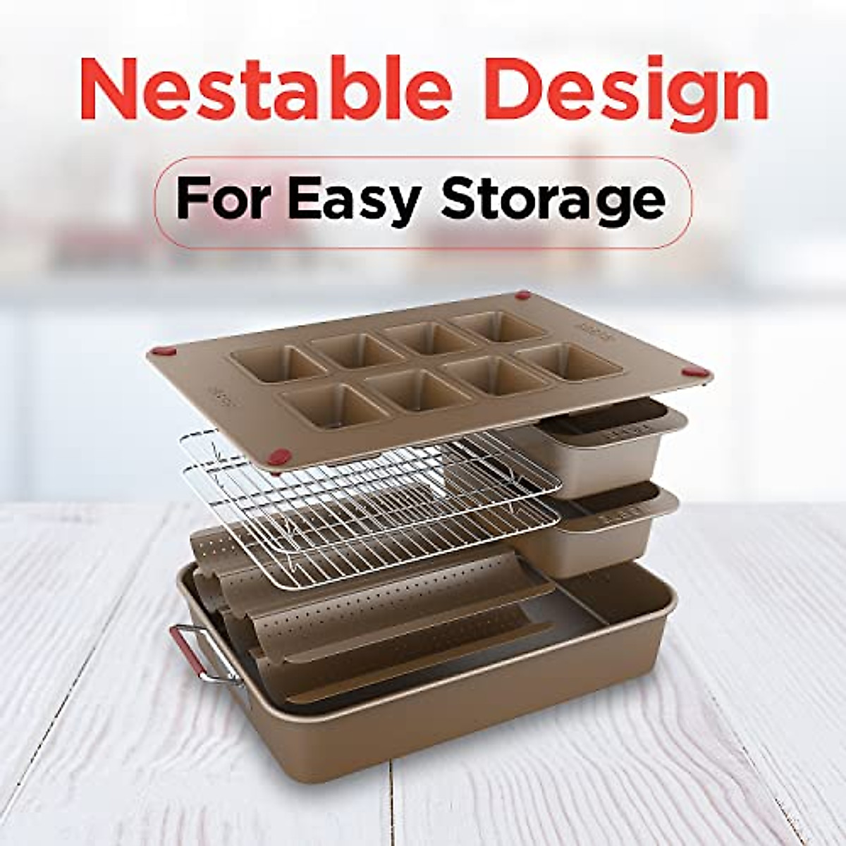 Elbee Home 8-Piece Nonstick Space Saving Bread Baking Pan Set - Includes Large Roasting Pan - Bread Loaf Pan - Baguette Pan - Cooling Rack - 8-Cavity Mini Loaf Pan Aluminized Steel - PFOA & PFOS Free