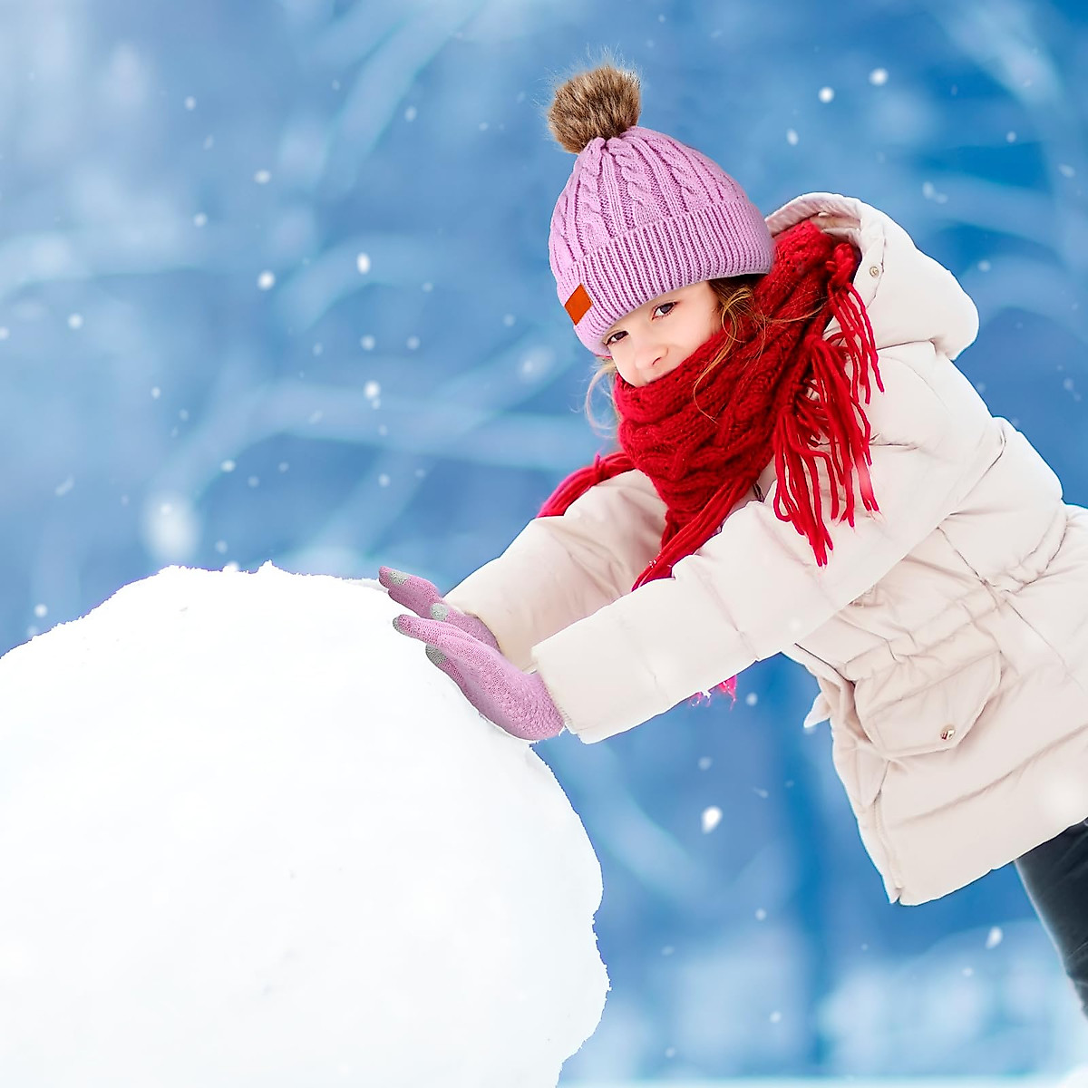 Panitay 2 Sets Winter Toddler Hat Scarf Gloves Set Warm Hat Gloves Knit Neck Scarf for 1-5-6-10 Years Old Girls and Boys (Purple, Pink,6-10 Years)