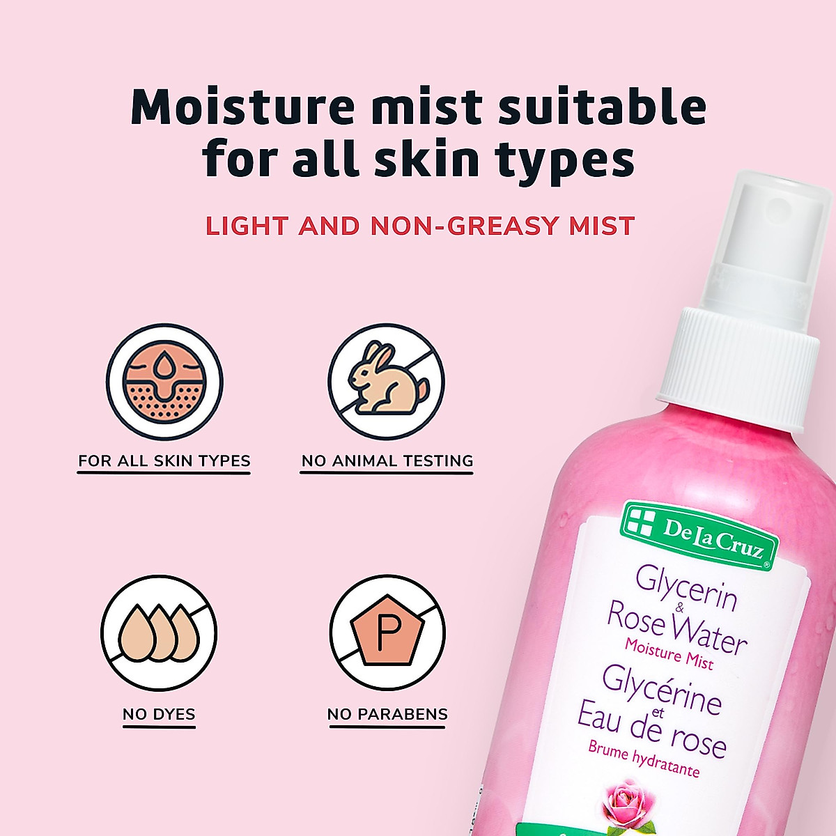 De La Cruz Rose Water and Glycerin Spray for Face - Rosewater Facial Toner and Moisturizer Mist for Skin and Hair 8 fl oz (236 mL)