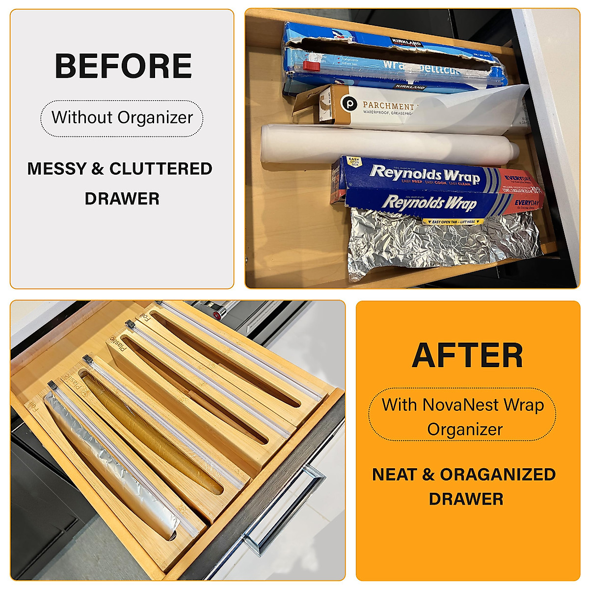 NovaNest Wrap Organizer Dispenser with Cutter, (2 Piece Set), Fits 12" Rolls, Plastic Wrap, Aluminum Foil, Wax Paper, Saran Wrap, Cling Wrap Holder for Kitchen Storage, Mountable, Bamboo