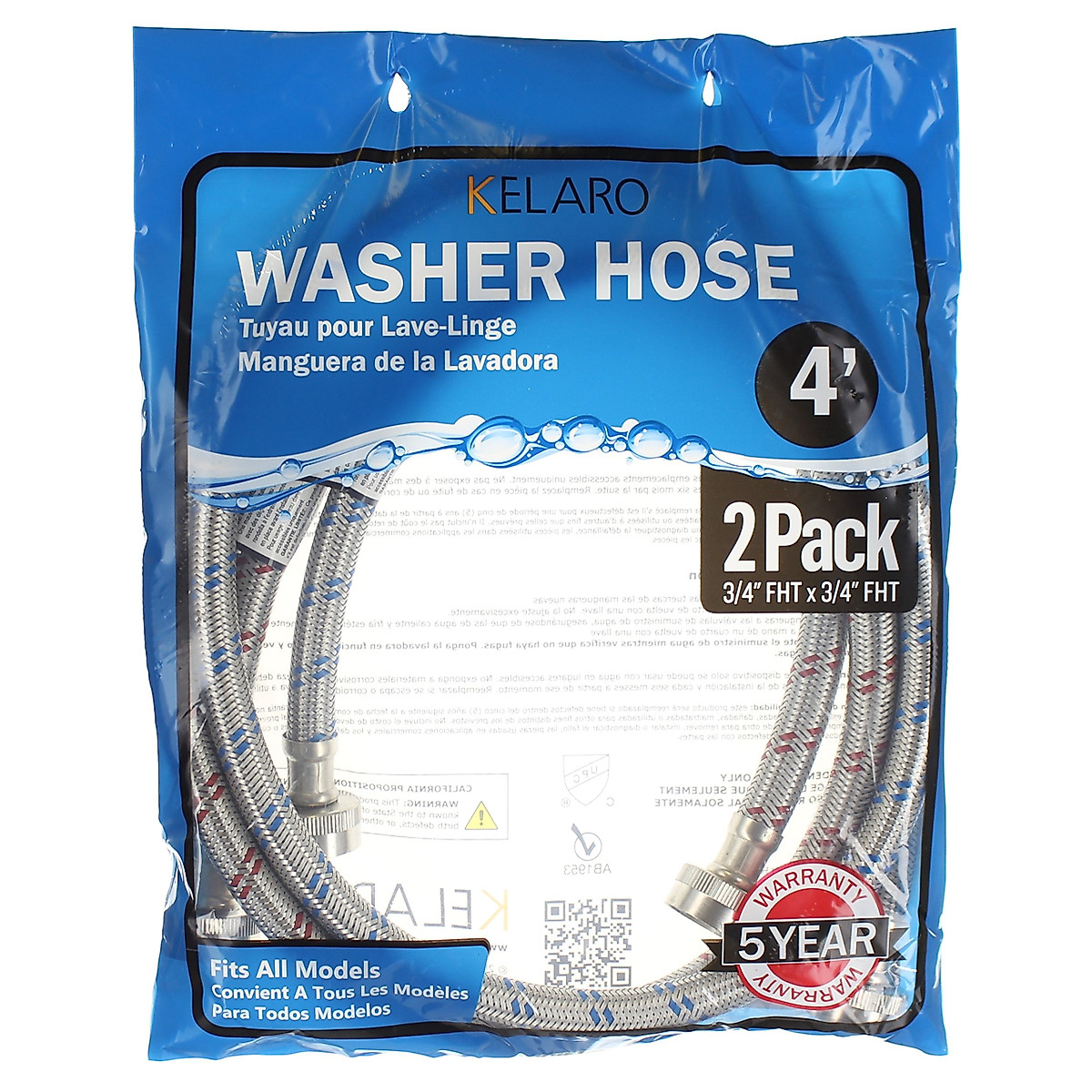Premium Stainless Steel Washing Machine Hoses - Burst Proof (2 Pack) Red and Blue Striped Water Connection Inlet Supply Lines from Kelaro
