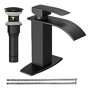 Hoimpro Black Waterfall Bathroom Faucet with cUPC Supply Lines, Single Handle Bathroom Sink Faucet with Pop-up Drain, Rv Vanity Vessel Faucet with Deck Plate, Matte Black, 1 or 3 Hole