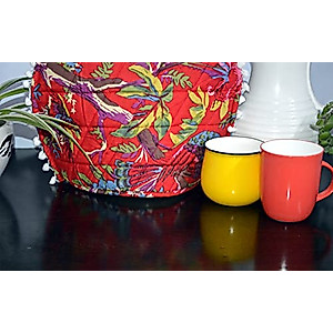 Tea Cozy Cotton Vintage Floral Tea Cosy for Teapots Keep Warm Teapot Cover Insulated Kettle Cover Tea Cozies with pom pom (Red Bird with white pom pom)