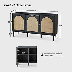 HULALA HOME Farmhouse Sideboard Buffet Cabinet with 3 Rattan Doors and 3 Shelves, Kitchen Storage Cabinet with Solid Wood Legs, Console Table Accent Cabinet for Living Room Dining Room Entrywa, Black