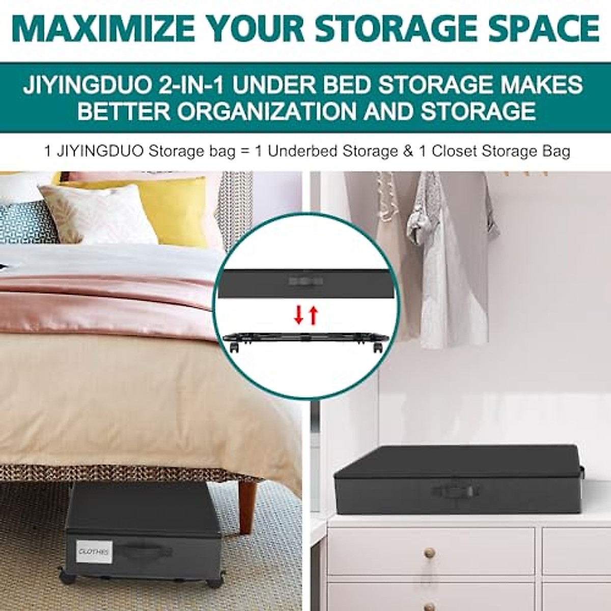 JIYINGDUO Upgraded Under Bed Storage with Wheels 2-in-1 Underbed Storage Bins Containers Label Shoe Storage Organizer Drawer Bag Solid Fabric for Bedroom Clothes Shoe Blanket (double black)