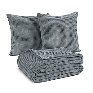 HILLFAIR 100% Cotton Blankets- Twin Blanket with 2 Throw Pillow Covers - Waffle Soft Skin Friendly Cotton Blanket- Twin Bed Blankets– All Season Cotton Throw Blanket– Silver Twin Cotton Blankets