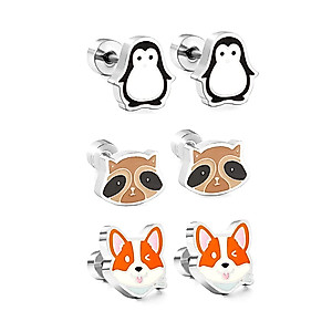 20g Welsh Corgi Raccoon Penguin Tiny Small Stud Earrings for Women Cartilage Tragus Sensitive Ear Flat Back Cute Stainless Steel Dog Animal Studs Hypoallergenic Sleeper Huggie Piercing Post Fashion Jewelry Gifts Bff Birthday Daughter Xmas 3 Pairs Set