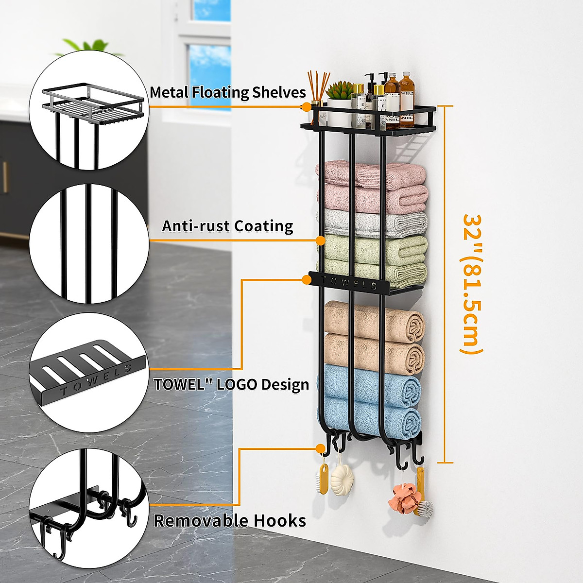 Wall Towel Rack for Rolled Towels, 3 Bars Towel Rack Wall Mounted with Metal Top Floating Shelf & 4 Hooks, Towel Holder for Bathroom Folded Large Towels, Blanket Towel Storage Shelves Organizer, Black