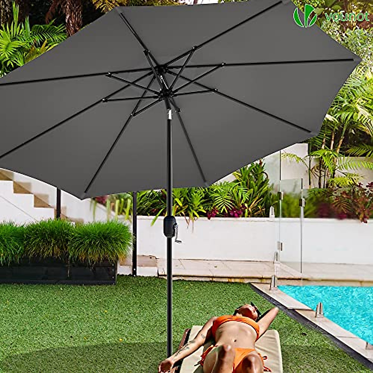 VOUNOT 9 FT Patio Umbrella Outdoor Garden Parasol Table Tilting Patio Parasol Umbrella, with Crank Handle, Protective Cover, 8 Sturdy Ribs, Gray