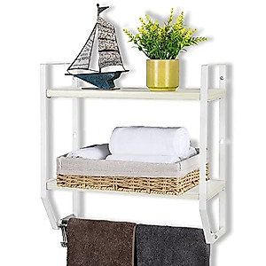OYEAL Bathroom Shelf with Towel Bar Wall Mounted Towel Rack Rustic Towel Shelf for Bathroom with 5 Hooks, 2 Tier Shelf Storage Organizer for Living Room, Kitchen, Bedroom, White