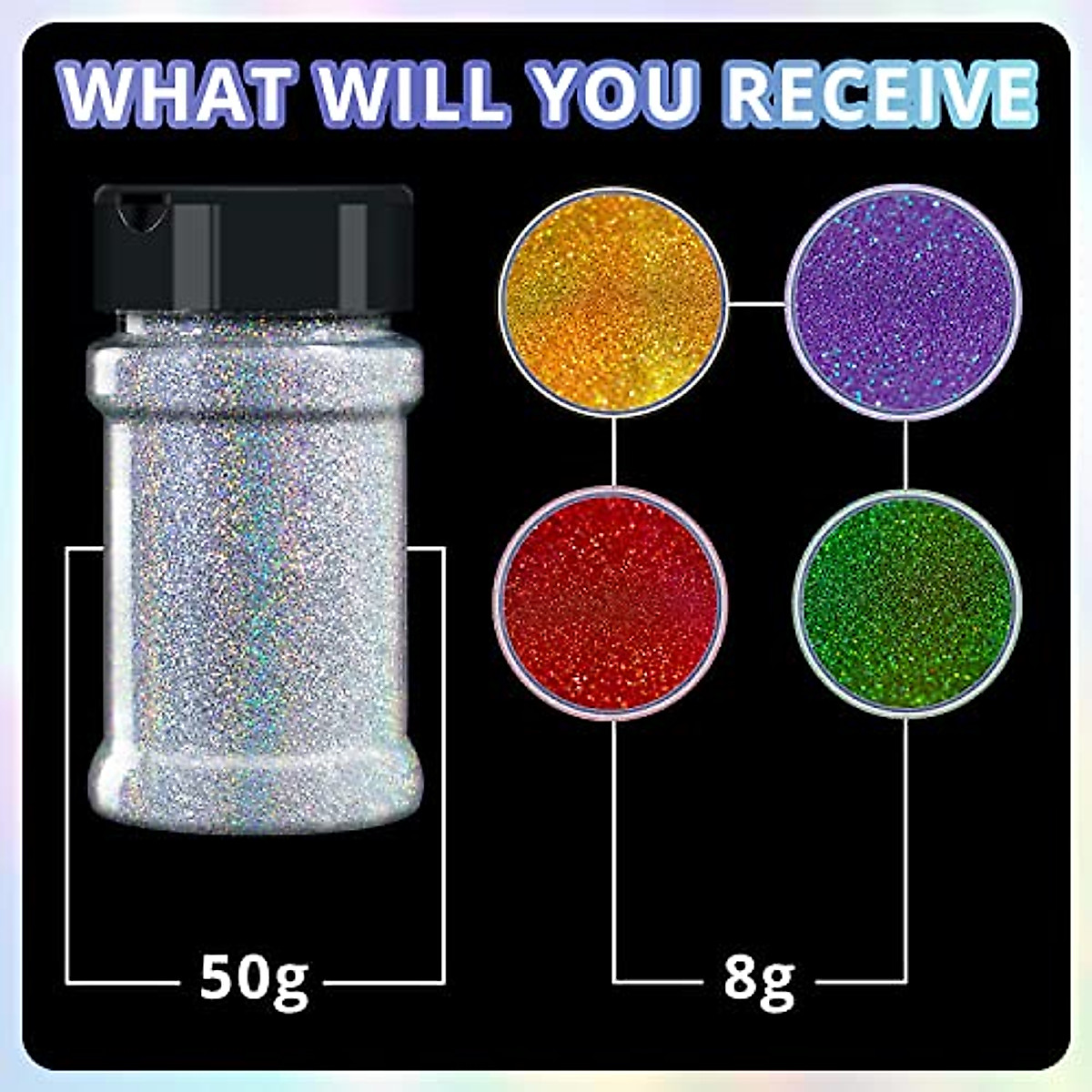 Holographic Ultra Fine Glitter 50g Silver+8g*4 Fine Glitter Gold+Magic Purple+Red+Green Sparkle Glitter Powder for Resin Tumbler Project and Craft Iridescent Glitter for Nail Art and Body Makeup