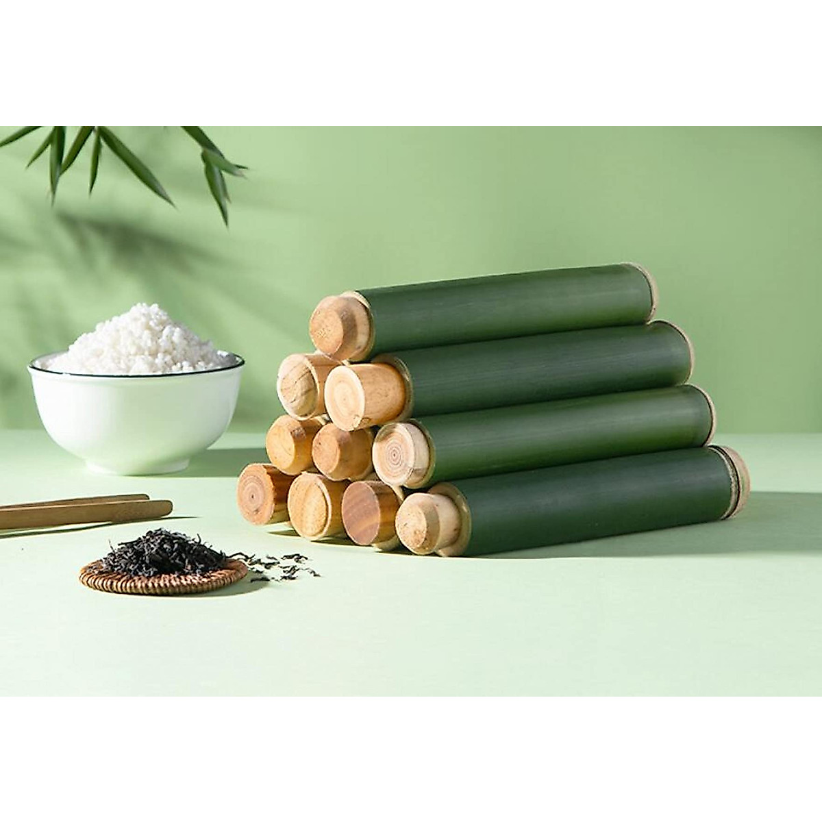 WellieSTR (Outer Dia.3~3.5cm 10Sets Fresh Handmade Natural Mini Bamboo Wrapped Sticky Rice Steamer,Chinese Snack Tool, Banboo Tubes,Zongzi ZhuTongFan