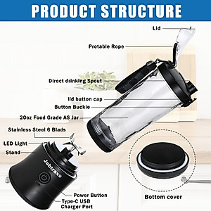Jabtraxx Portable Blender,Personal Size Blender for Shakes and Smoothies with 6 Blades,20 Oz Mini Blender Cup with Travel Lid and USB Rechargeable for Office, Gym, Kitchen (Black)