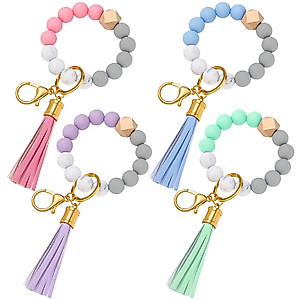 Otuuz 4 Pcs Women Macaron Color Key Ring Bracelets Wristlet Bead Keychain Leather Tassel Keychain Elastic Beaded Bracelet Portable Wristlet Bangle Keychain for Car Key Holder