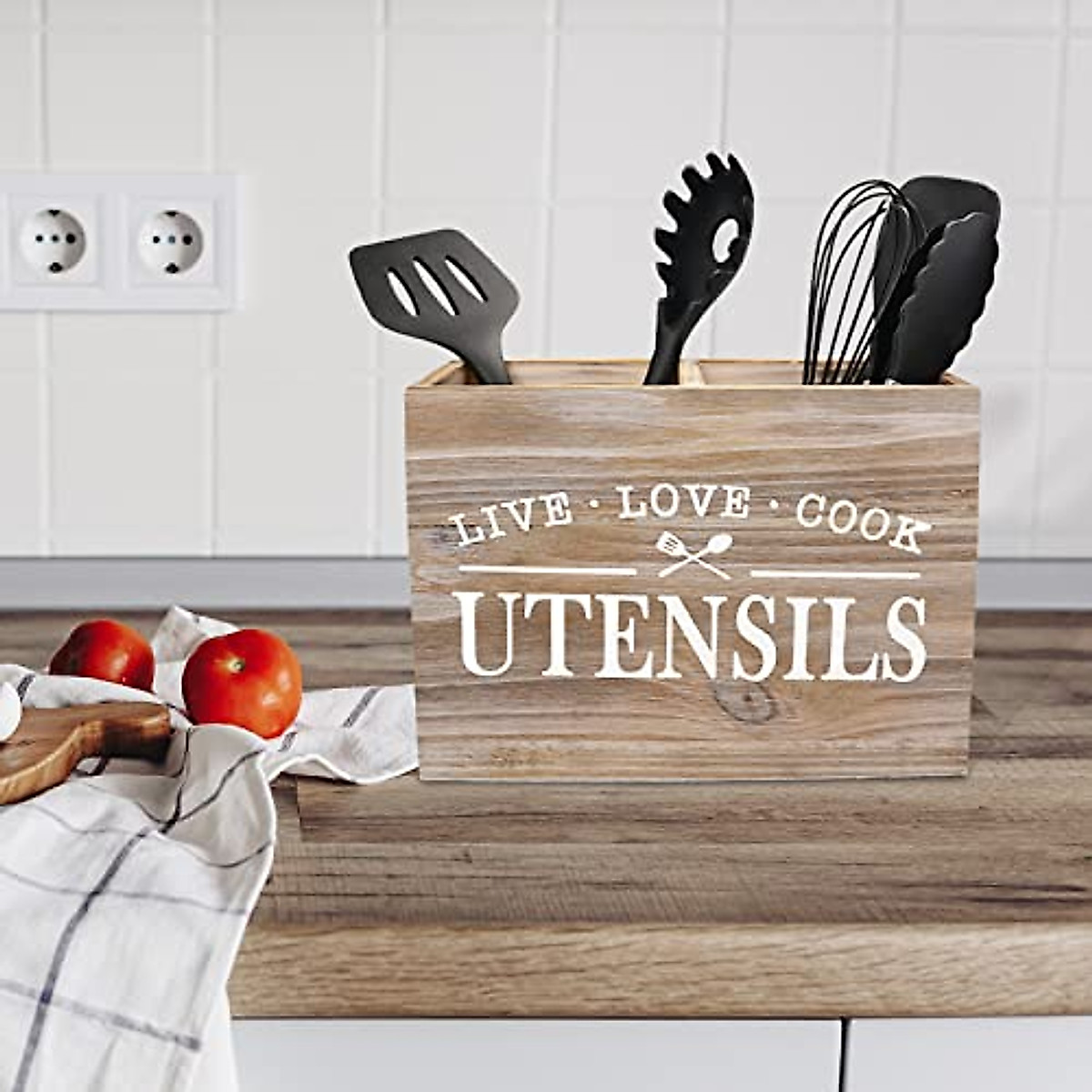 Karisky Kitchen Utensil Holder for Countertop, Farmhouse Solid Real Wood Utensil Caddy with Removable Bottom, 2 Compartments Utensil Crock Flatware Organizers for Kitchen, Nature