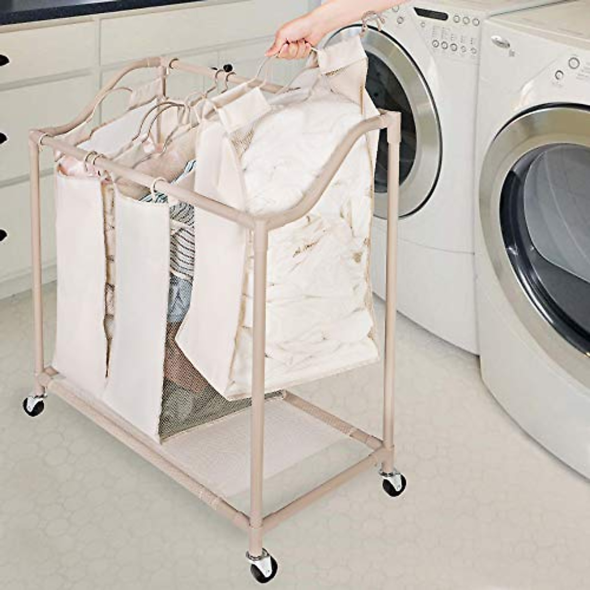 Smart Design Deluxe Rolling Triple Compartment Laundry Sorter Hampers with Wheels - Holds 6 Loads - Sturdy Steel Metal Frame - Clothes and Laundry - Home Organization - 30 x 32 Inch - Beige