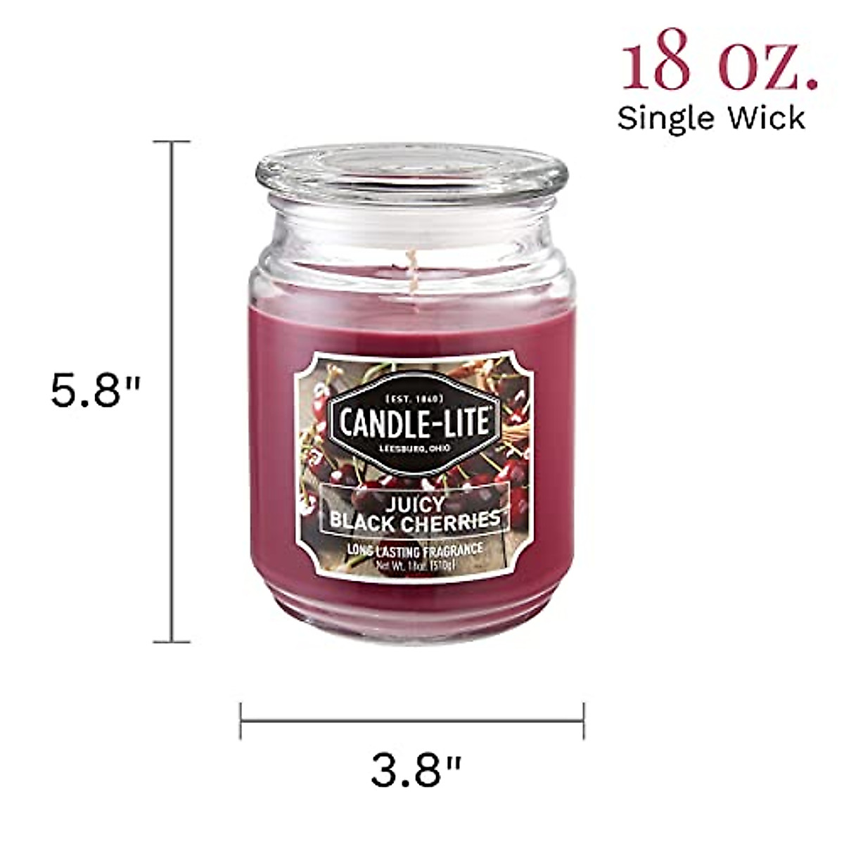 CANDLE-LITE Scented Juicy Black Cherries Fragrance, One 18 oz. Single-Wick Aromatherapy Candle with 110 Hours of Burn Time, Dark Red Color