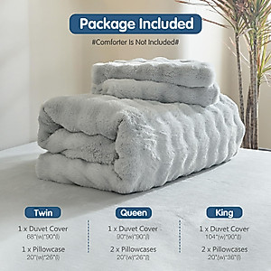 Tokokimo Grey Fluffy Comforter Cover Queen Set, Faux Rabbit Fur Duvet Cover Set 3 Pieces (1 Shaggy Duvet Cover+2 Pillowcases) Fuzzy Grey Bedding Set (Grey, Queen)